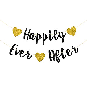 Talorine Happily Ever After Banner, Bridal Shower, Engagement, Just Married, Wedding Party Decorations (Black Glitter)