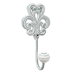 Romantic Chateaux Wall Hooks, Set of 3, Shabby French Country Style, Rustic White Finish, Cast Iron, Vintage Inspired, Striped Porcelain Caps, Each 2 3/4 L x 1 1/2 W x 5 1/2 H inches