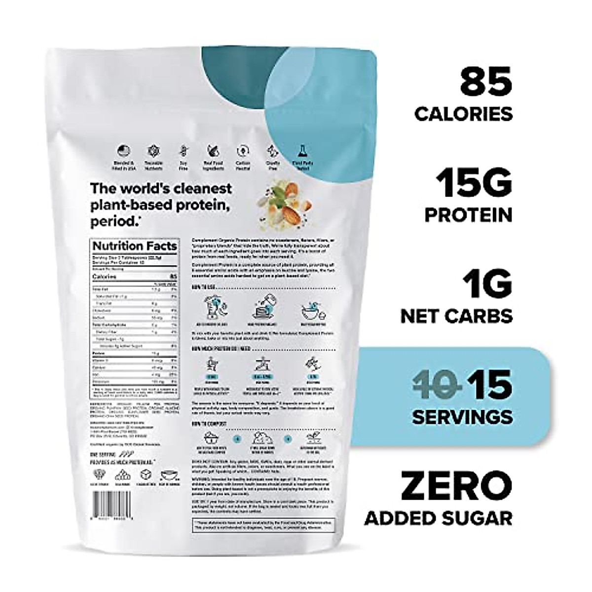 Complement Organic Unflavored Vegan Protein Powder (15 Servings) Low Carb, Low Calorie, Sugar Free, Soy Free, Non-GMO, Gluten Free, Non Dairy- Yellow Pea, Pumpkin Seed- 15g Plant Based Protein Powder