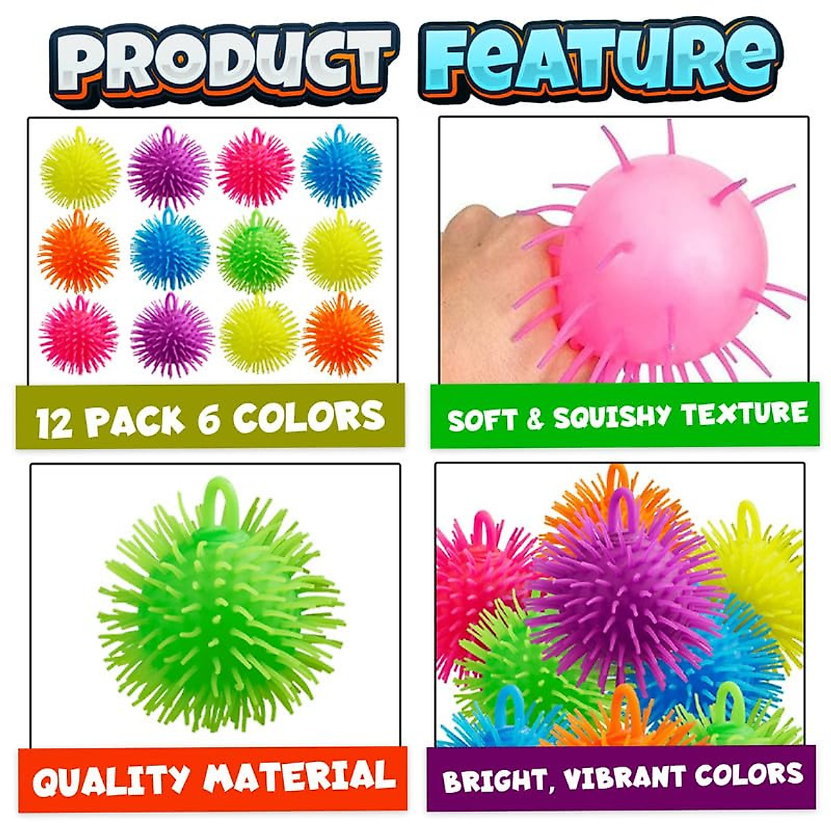 Bedwina Puffer Balls (Pack of 12) - Stress Balls Bulk, Neon Sensory Ball, Stress Relief Squishy Balls & Therapy Ball Toy for Kids for Goodie Bags, Stress Balls Bulk