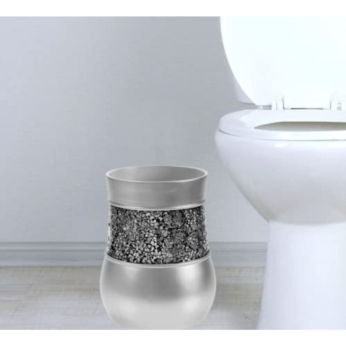Creative Scents Silver Bathroom Accessories Set complete - Decorative Crackled Glass 6 Piece Bathroom Set Features: Trash Can, Tissue Box Cover, Soap Dispenser, Toothbrush Holder, Soap Dish, & Tumbler