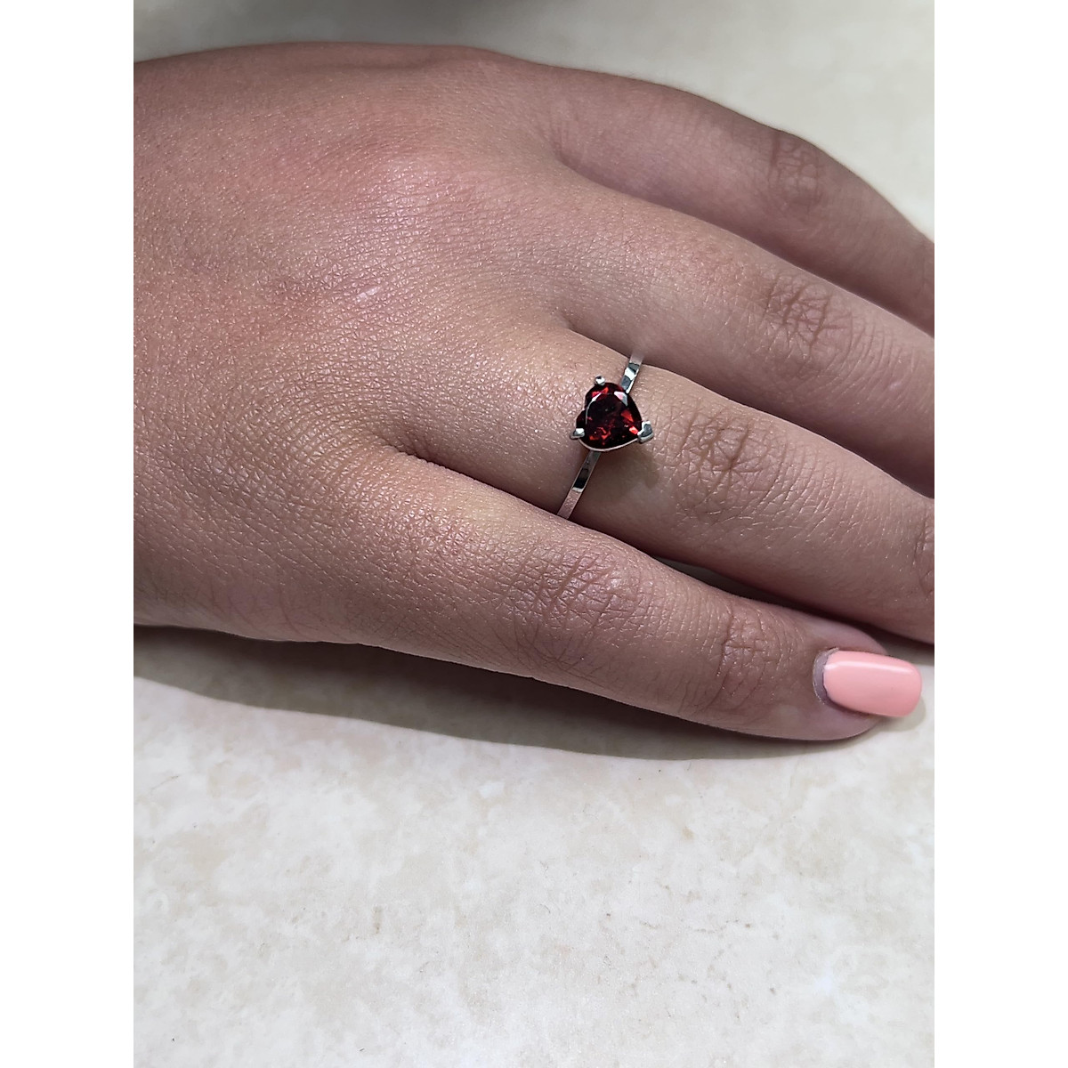 Takar Solid Sterling Silver Solitaire Heart-Shaped Genuine Garnet Ring, Engagement Wedding Band Ring Jewelry for Woman, Made in USA.(Size 10)