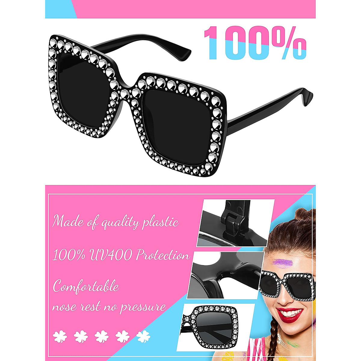 12 Pairs Crystal Oversized Sunglasses Rhinestone Square Diamond Sunglasses Frame Retro Sparkling Glasses for Women Men(Black)