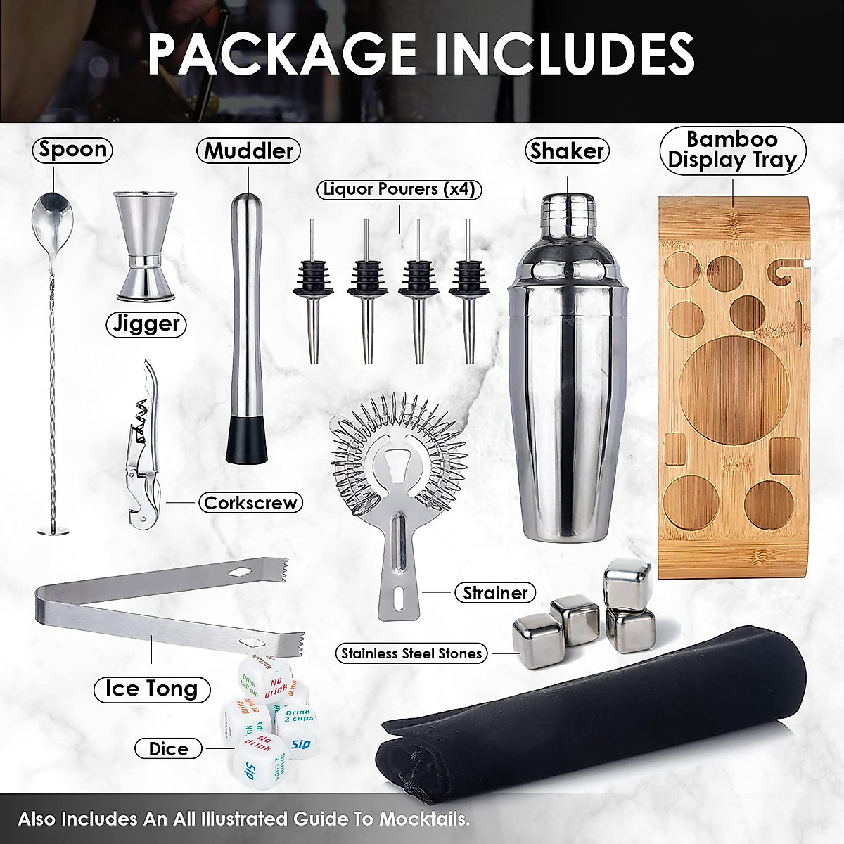 Bartender Kit - at Home Mixology Bar Kit, Bartender Set w/Jigger for Bartending, 25oz Martini Cocktail Shaker, Strainer, Mixer Spoon, Pourers, Muddler, Corkscrew, Bamboo Stand -21 Piece Bar Supplies