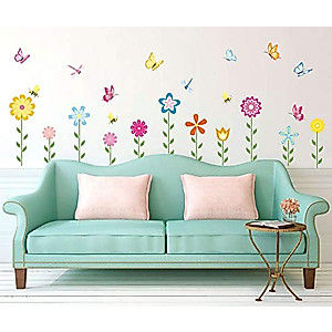 IKEYU Garden Flower Wall Decals Colorful Flower Wall Stickers Spring Garden Wall Stickers Flower Butterfly Wall Stickers for Bedroom Girls Room Kids Nursery