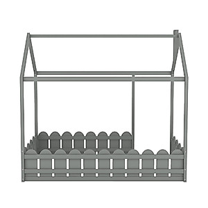 Harper & Bright Designs Twin House Bed Frame for Kids, Wood Twin Montessori Bed with Fence-Shaped Guardrails, Toddler Floor Bed Frames for Girls, Boys,Grey