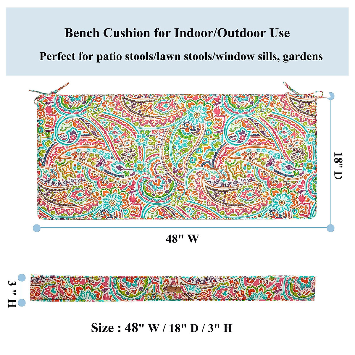 FUNHOME Outdoor Bench Cushion Water-Repellent, 48 x 18 Inch Bench Cushions for Outdoor Furniture, Settee Cushions with Handle and Straps, Patio Couch Cushion 1 Pack, Melora Paisley
