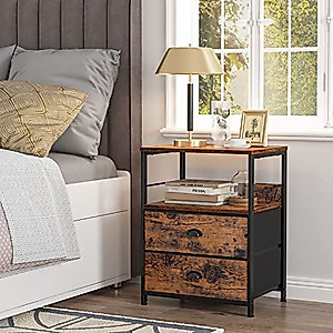 Furologee Nightstand with 2 Fabric Drawers, Bedside Table, End Table with Open Wood Shelf, Side Sofa Table with 2 Hooks for Bedroom/Living Room/Study/Halway/Rustic Brown