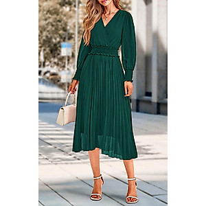 PRETTYGARDEN Women's Midi Long Puff Sleeve Spring Dresses 2024 Smocked Waist Wrap V Neck Flowy Ruffle Pleated Casual Dresses (Dark Green,Medium)
