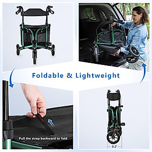 WALK MATE 3 Wheel Rollator Walker with Seat for Slim Seniors, Padded Backrest Lightweight Foldable Walker Ideal for Elderly, 8 Inch Tri-Wheel Modern Mobility Walking Aid Aluminum, Green