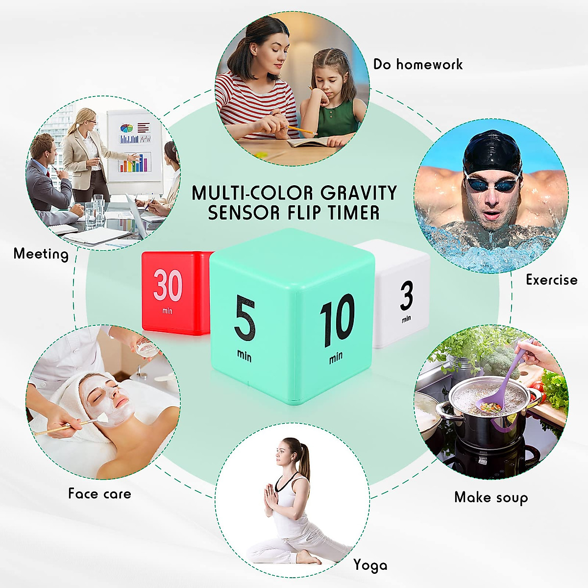 Cube Timer 4 Pieces Gravity Sensor Flip Timer Kids Timer Digital Cube Workout Timer Kitchen Timer for Time Management Home Study, 1 3 5 10 Minutes and 15 20 30 60 Minutes (White, Red, Pink, Green)