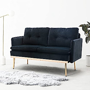 Goujxcy Velvet Couch, Loveseat Sofa, Accent Sofa Recliner, Golden Metal Legs, Mid Century Modern Sofas for Home Living Room Bedroom (Black2)