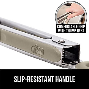 Gorilla Grip Stainless Steel Metal Tongs, 16 Inch, Heat Resistant up to 484 Degrees, Kitchen Utensil, Comfortable Silicone Handle, Easy Pull Lock, Strong Kitchen Tong for Cooking, Grilling, Almond