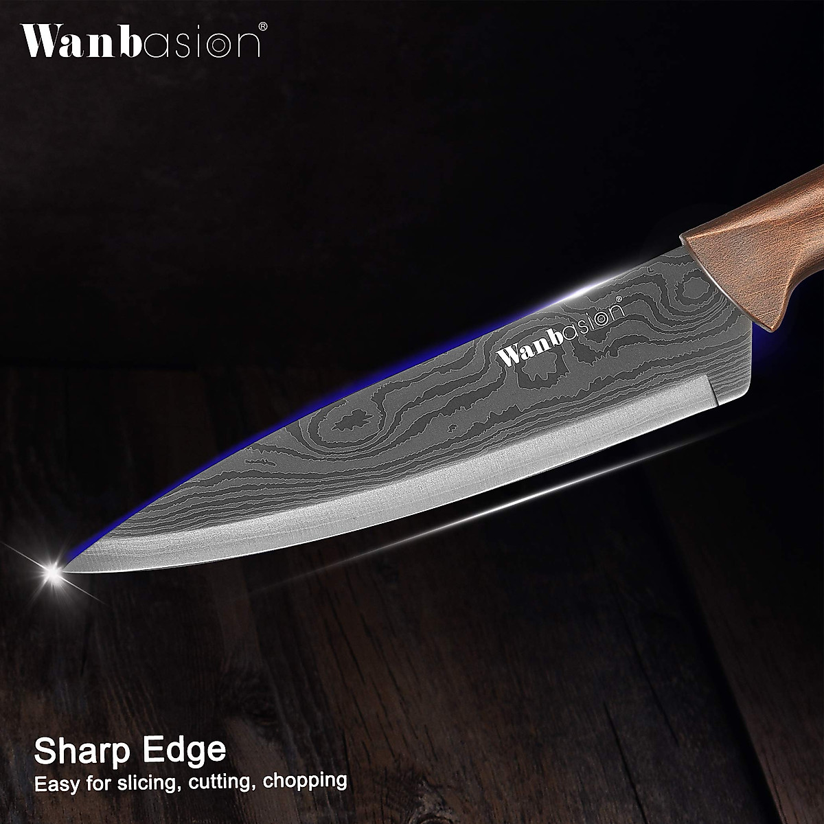 Wanbasion Matte Black Titanium Plated Stainless Steel Kitchen Knife Set, Chef Kitchen Knife Set Professional, Dishwasher Safe Kitchen Knife Set with Damascus Style