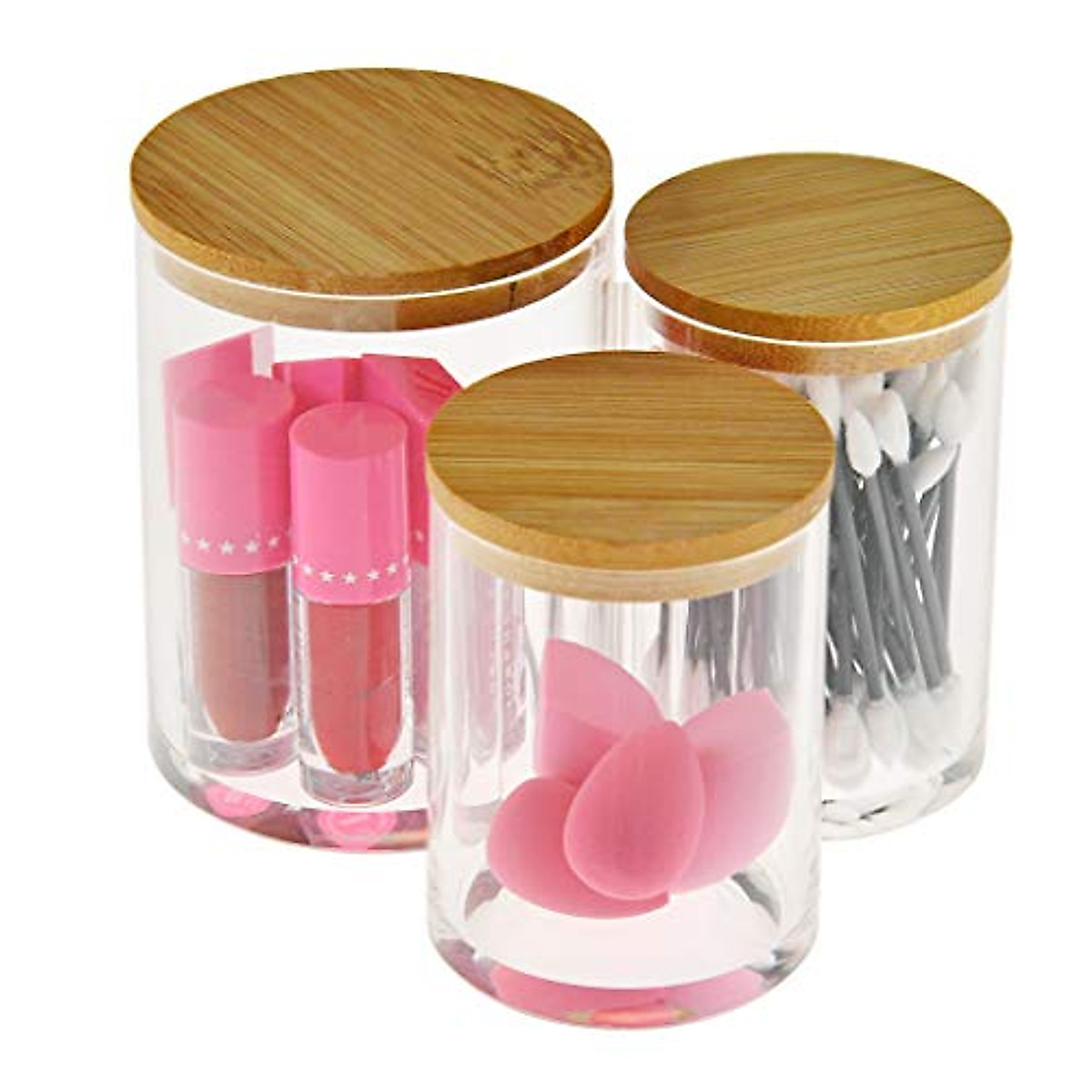 ARAD Cotton Ball, Swab, Q-tip Storage Set, 1-Piece, 3 Compartment, Clear Acrylic Jar Container with Bamboo Lid, Easy Organization on Bathroom Counters, Under-Sink Placement-6"D x 4.5" H