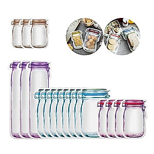 Enkrio 18 Pack Reusable Zip lock Snack Bags, Mason Jar Zipper Food Saver Snack Sandwich Ziplock Bags Leakproof Storage Bags for Travel Camping(3Small,4Medium,8Large,3Tall)