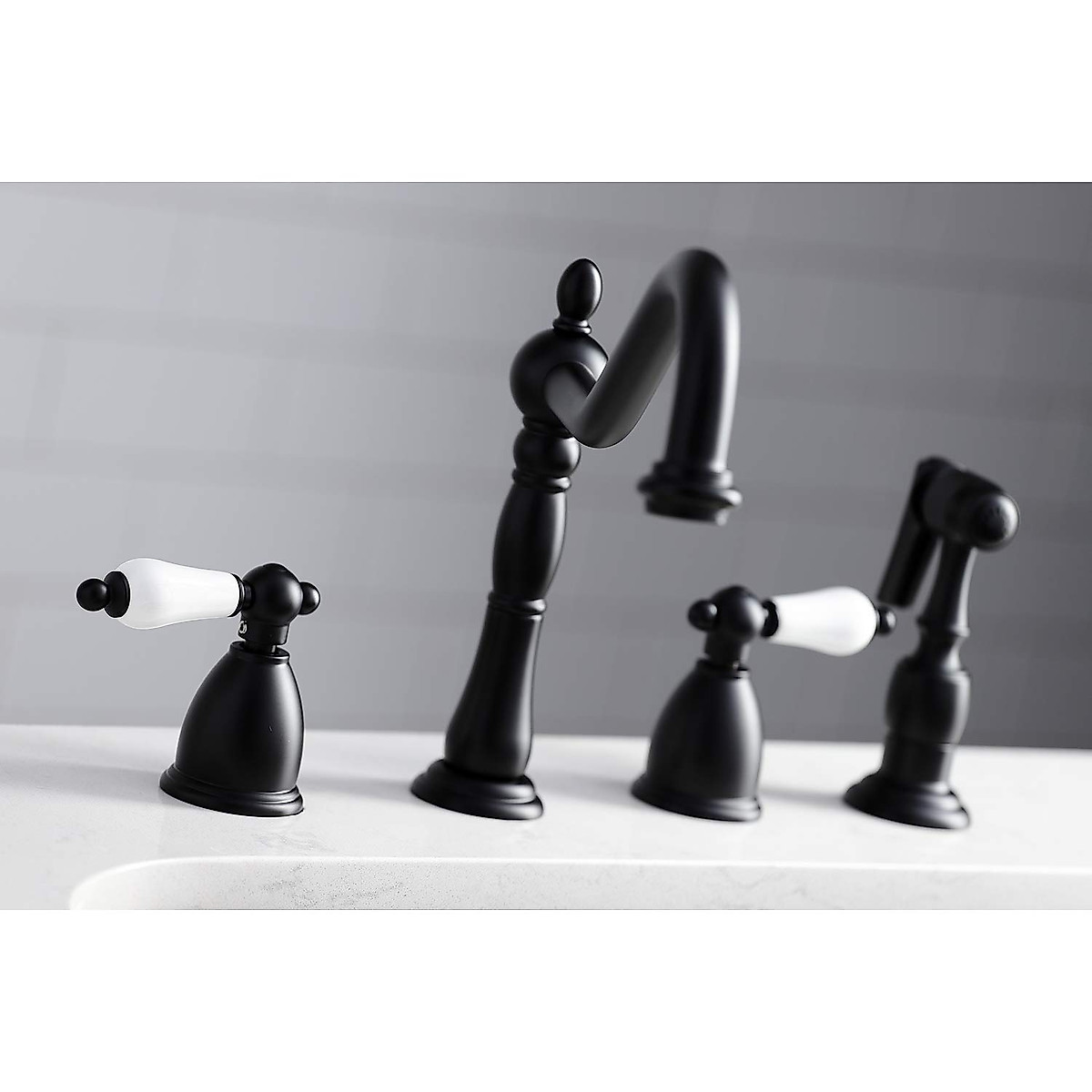 Kingston Brass KB1790PLBS Heritage Widespread Kitchen Faucet with Brass Sprayer, Matte Black