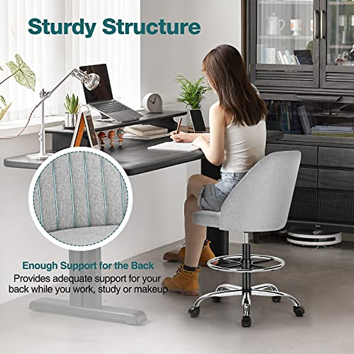 SMUG Standing, Fabric Desk Armless Drafting Counter Height Adjustable Office, Bar Shop Guitar Tall Vanity Stool Chair with Backrest Wheels, Grey