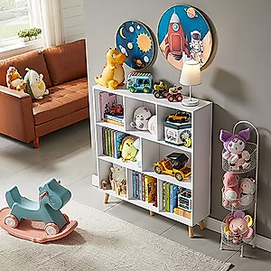 3-Tier Bookshelf, 8-Section Wooden Bookcase, Storage Organizer with Pine Legs, Modern Storage Display Cabinet for Living Room, Classroom, Kid’s Room (White)