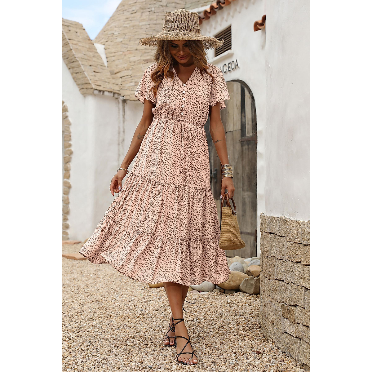 PRETTYGARDEN Floral Dress for Women 2025 Summer Casual Short Sleeve Maxi Dresses V Neck Tiered Flowy Boho Beach Sundress(Apricot,Medium)