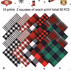 Caydo 20 Pieces Christmas Fabric Squares, 5.9 Inch Christmas Charm Packs 10 Patterns Polyester Cotton Plaid Fabric Squares for Garlands, Christmas Decoration