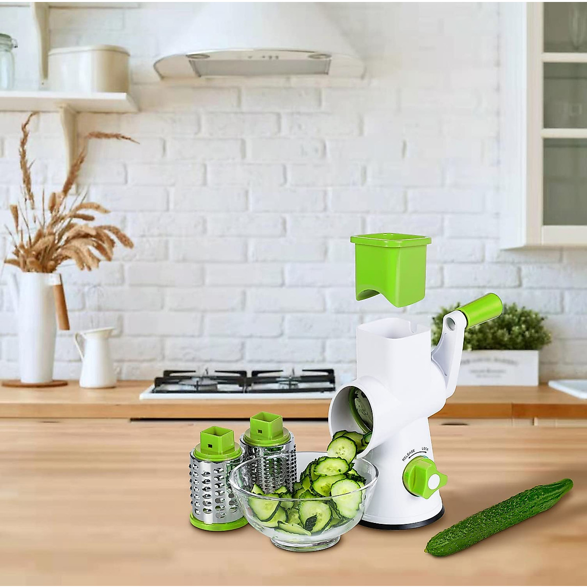 Rotary Cheese Grater - Round Vegetable Mandoline Slicer with 3 Cylinder Stainless Steel Blades, 100% Dishwasher Safe, Super Strong Grip
