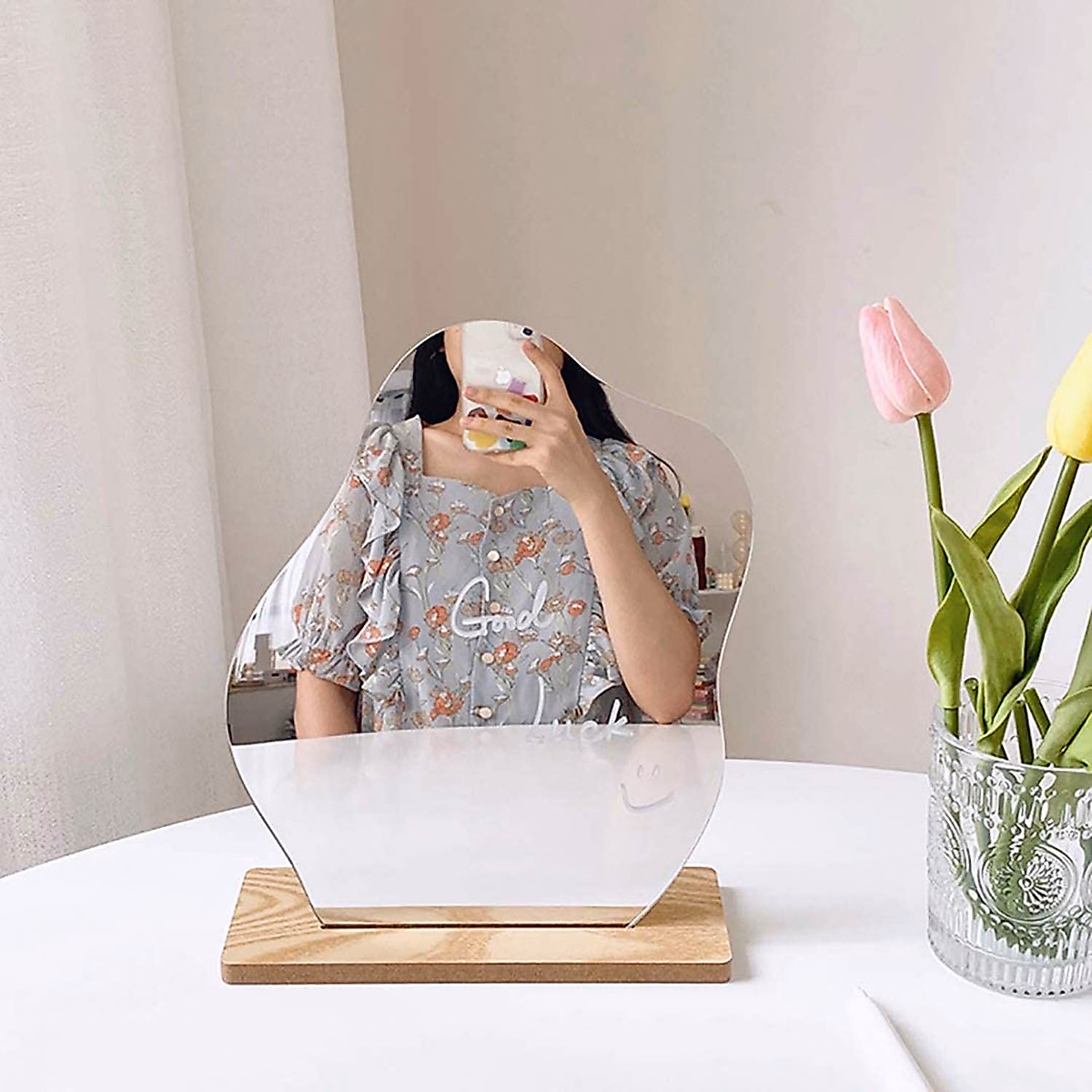 GUOJOZO Acrylic Vanity Makeup Mirror for Desk with Stand-Aesthetic Frameless Table top for Bedroom,Living Room and Minimal Spaces Room Decor (Baby Fat)