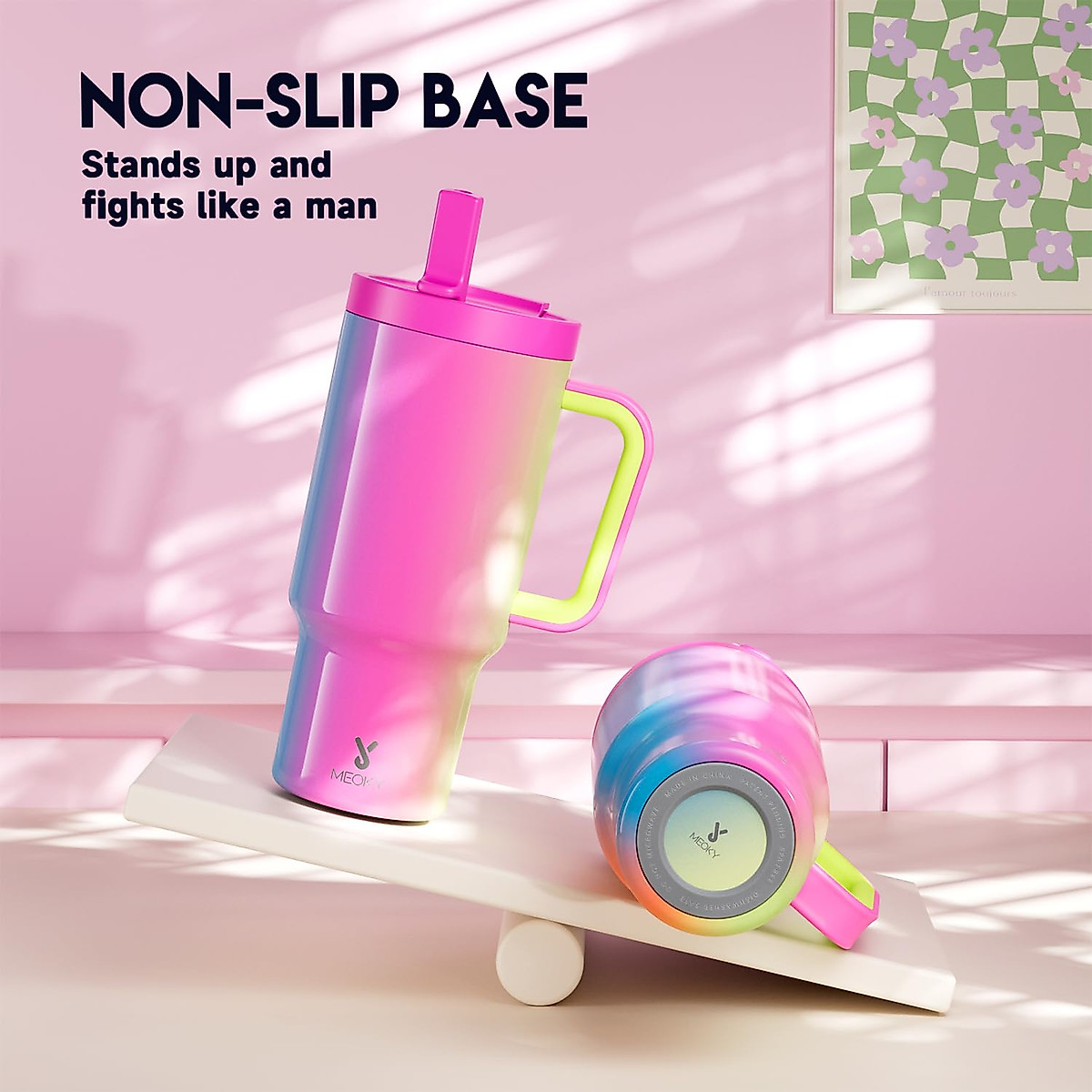 Meoky 32 oz Tumbler with Handle and Flip Straw, 100% Leakproof Tumbler with Lid and Straw, Stainless Steel Insulated Cup, Cupholder Friendly, Keeps Cold for 24 Hours (Carnival)