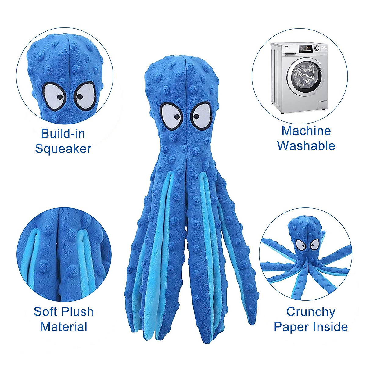WishLotus Octopus Dog Chew Toy, No Stuffing Plush Dog Squeaky Toy with Crinkle Paper in Legs, Corduroy Interactive Dog Play Toy Dog Teething Toy for Small, Medium Dogs (Blue)