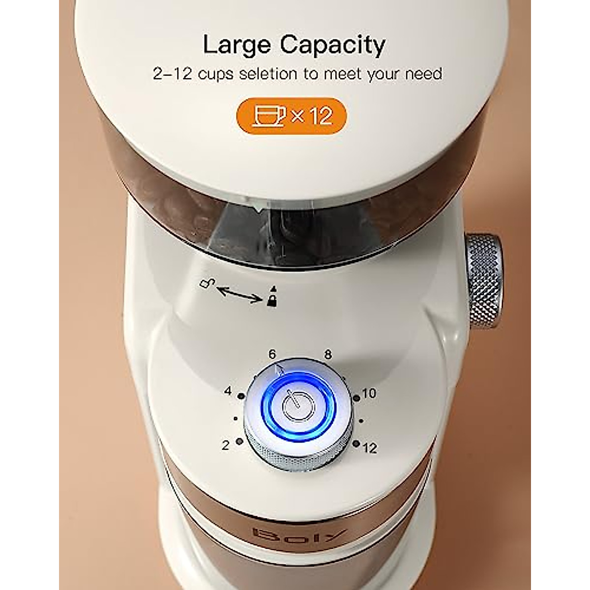 boly Electric Burr Coffee Grinder, Adjustable Burr Mill Coffee Bean Grinder with 18 Grind Settings, Burr Coffee Grinder for Espresso, Drip Coffee and French Press, White