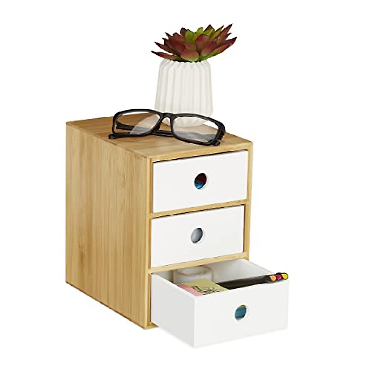 Relaxdays Desk Organiser, 3 Drawers, Bamboo & MDF, Office Storage Box, H x W x D: 21 x 14.5 x 20 cm, White, 1 Item