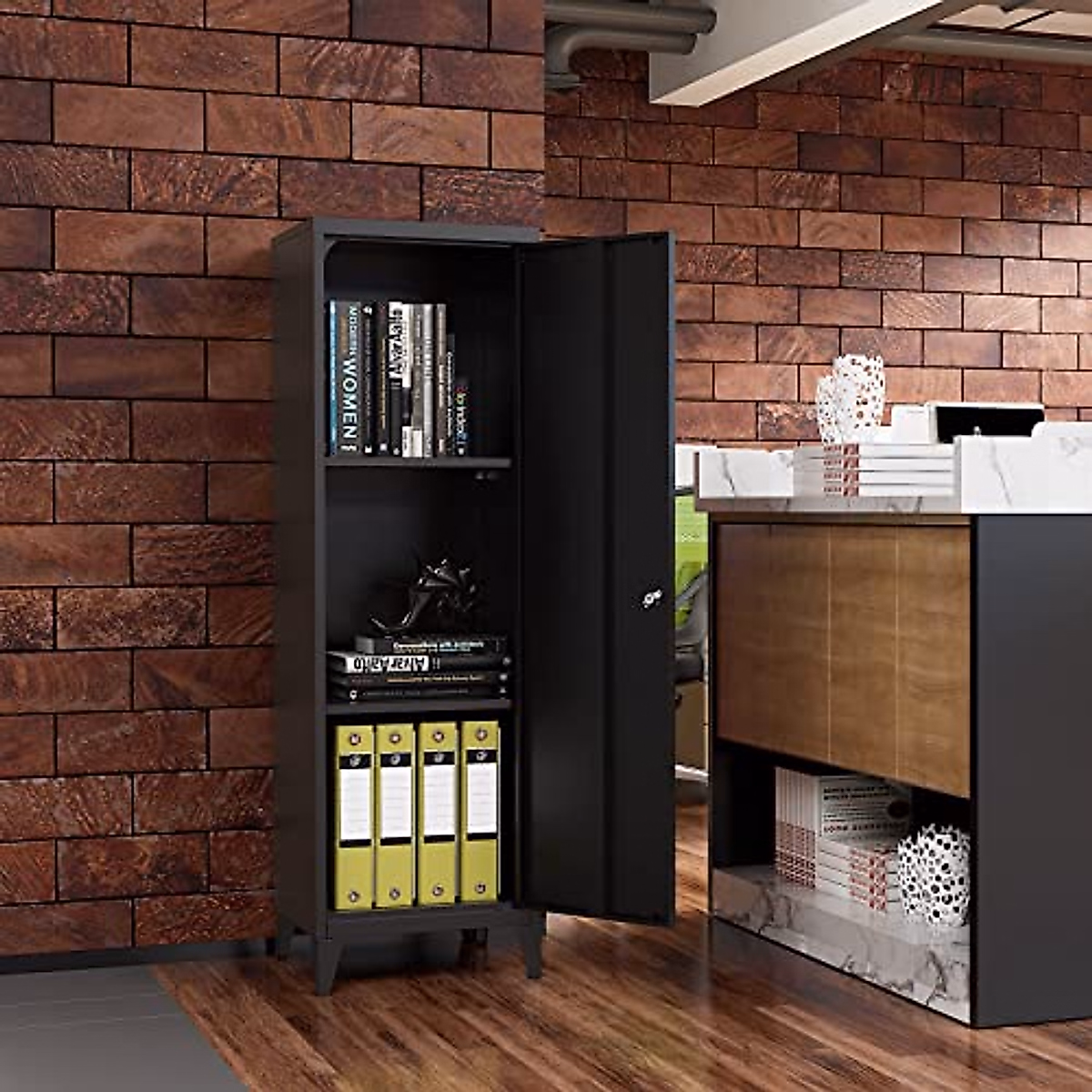 ZAOUS 50" Storage Locker Cabinet Employee Lockers with 1 Door, Metal Lockers for Employees Steel Locker Small School Locker Metal Wall Locker for Home Gym Office Garage (Black)