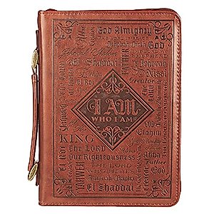 Christian Art Gifts Men's Classic Bible Cover Names of God Exodus 34:6, Brown Faux Leather, Large