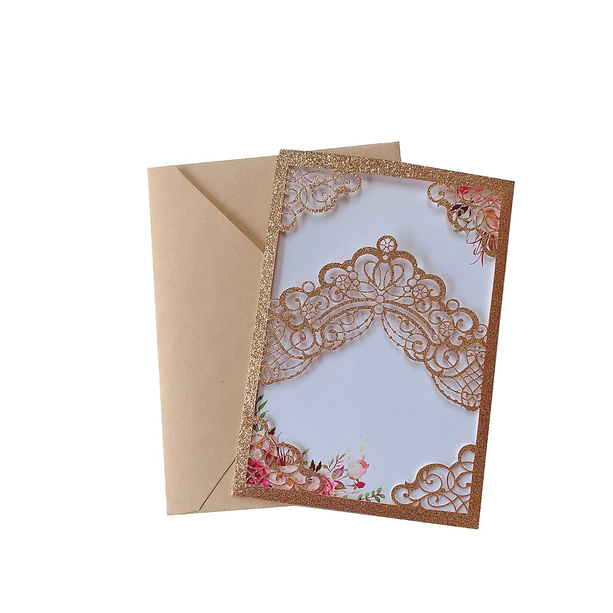 20sets 5.1x7.3 Inch Blank Rose Gold Laser Cut Floral Crown Pocket Quinceanera Invitation Cards with Envelopes for Birthday Bridal Shower Quince Invite Party Dinner (Champagne)