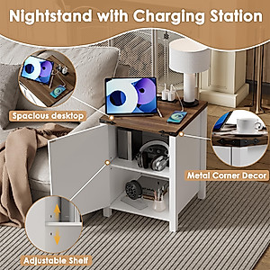 PakaLife Farmhouse End Table with Charging Station, 17.7" Side Tables Living Room with Barn Door & Adjustable Shelf, Bed Side Table/Nightstand w/Magnetic Door for Bedroom