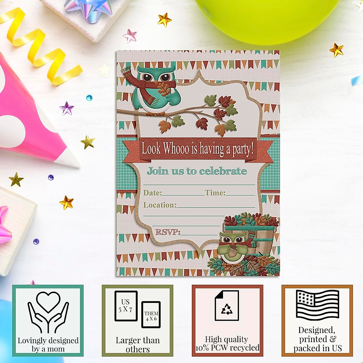 Look Who Fall Owl Themed Fill In Birthday Party Invitations, 20 5x7 Fill In Cards with Twenty White Envelopes by AmandaCreation