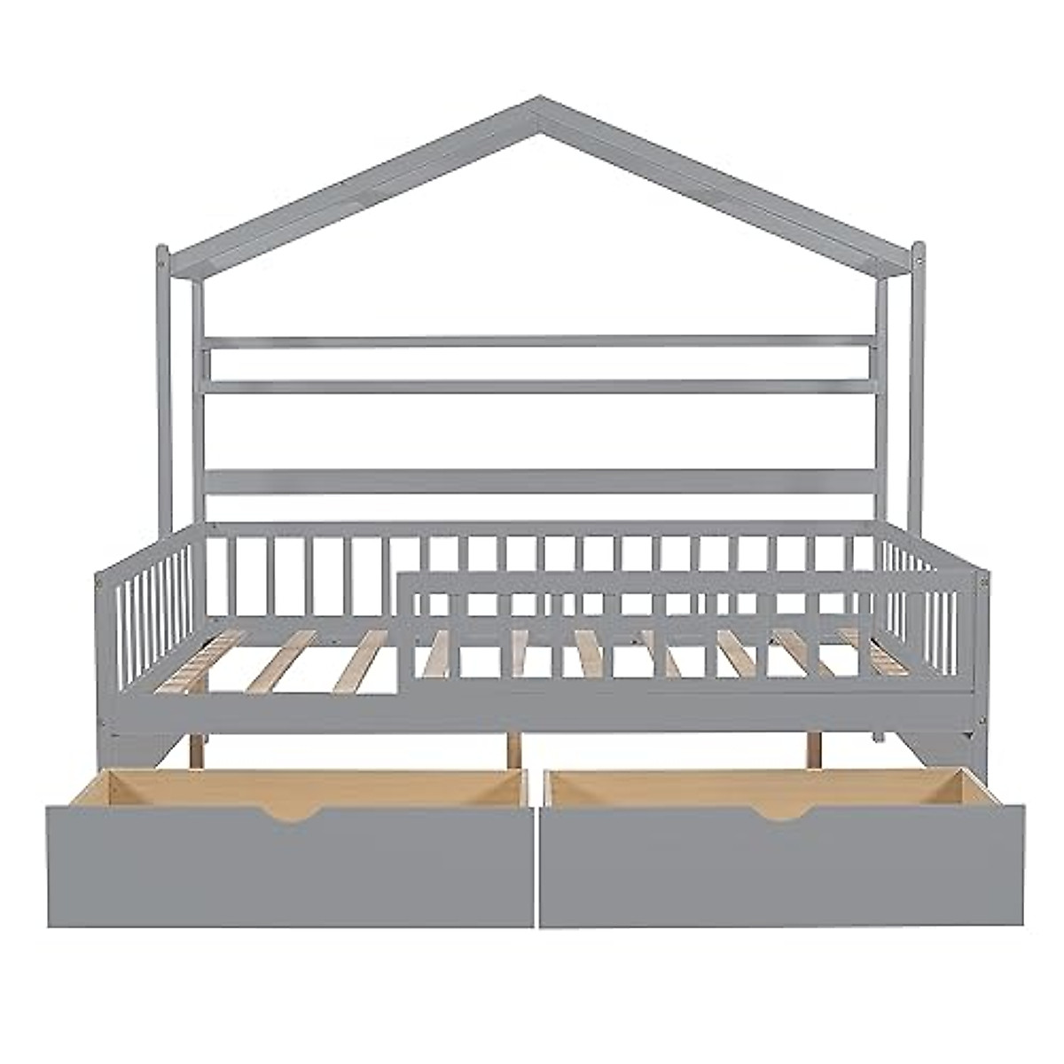 WADRI Full Size House Bed with 2 Drawers and Shelf, Wood House Bed Frame with Roof Design and Safety Guardrail, Montessori Bed for Girls Boys Bedroom, Can be Decorated (Gray + Wood-A32)