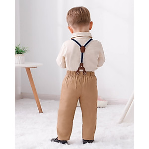 DISAUR Boys Church Outfit Apricot Brown Long Sleeve Dress Shirt Bow Tie Suspender Pants Toddler Formal Outfit Boy 2t 3t 2-3t
