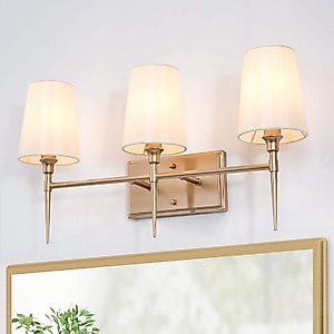 classy leaves Bathroom Light Fixtures, 3-Light Gold Vanity Lights, Modern Bathroom Vanity Light Fixtures with White Fabric Shade, 23’’ L x 6.5’’ W x 12’’ H