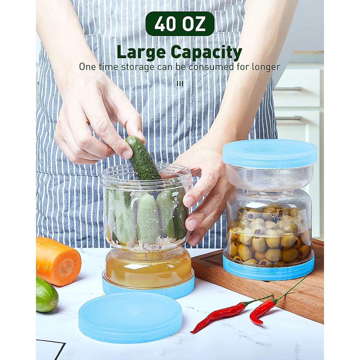 AIxibu Pickle Jar with Strainer Flip,40oz Pickle Flip Jar With Double Leak Proof,Food Storage Container of Pickles(1PCS)-Blue