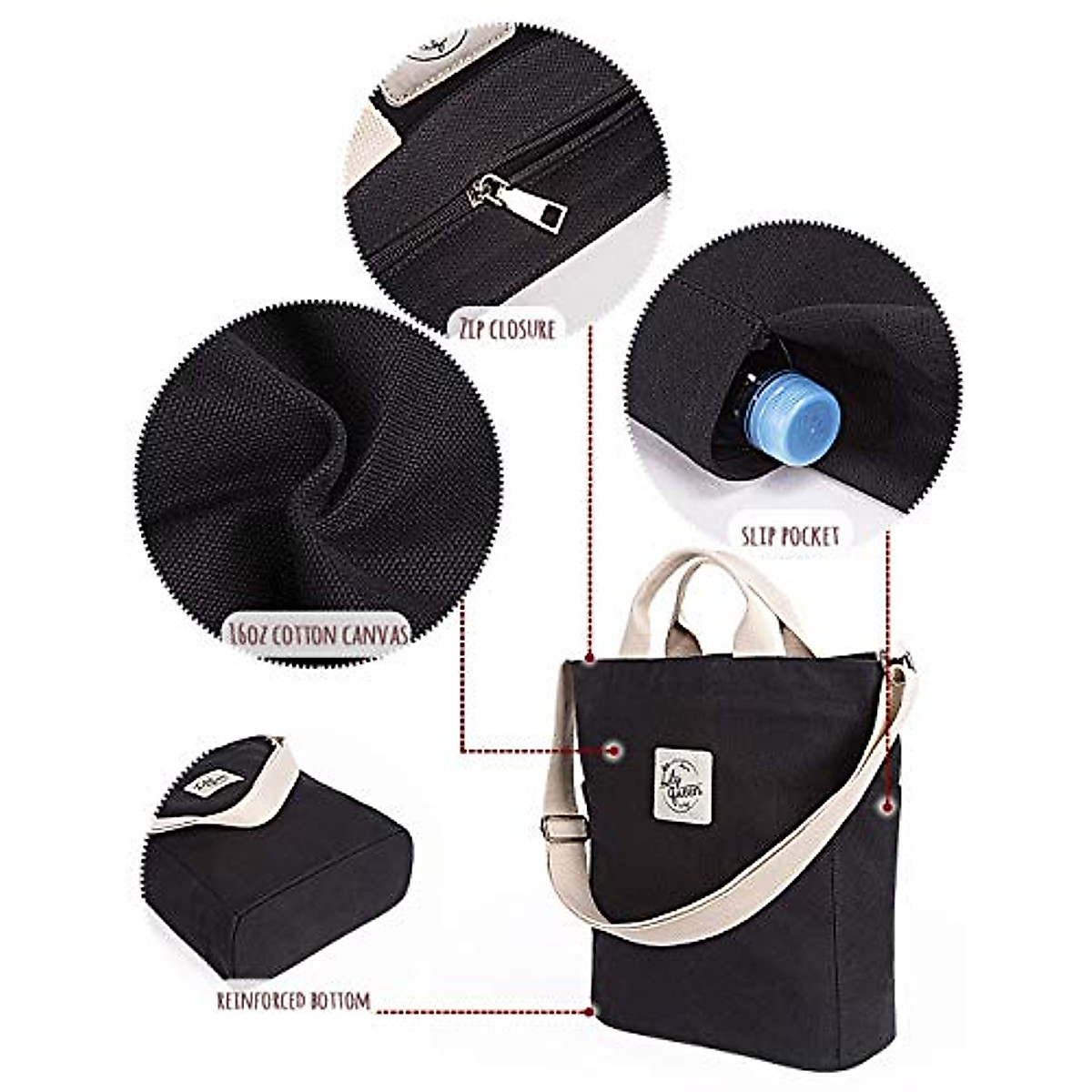 Lily queen Women Crossbody Canvas Tote Casual Shoulder Purse Bag Durable (Black)