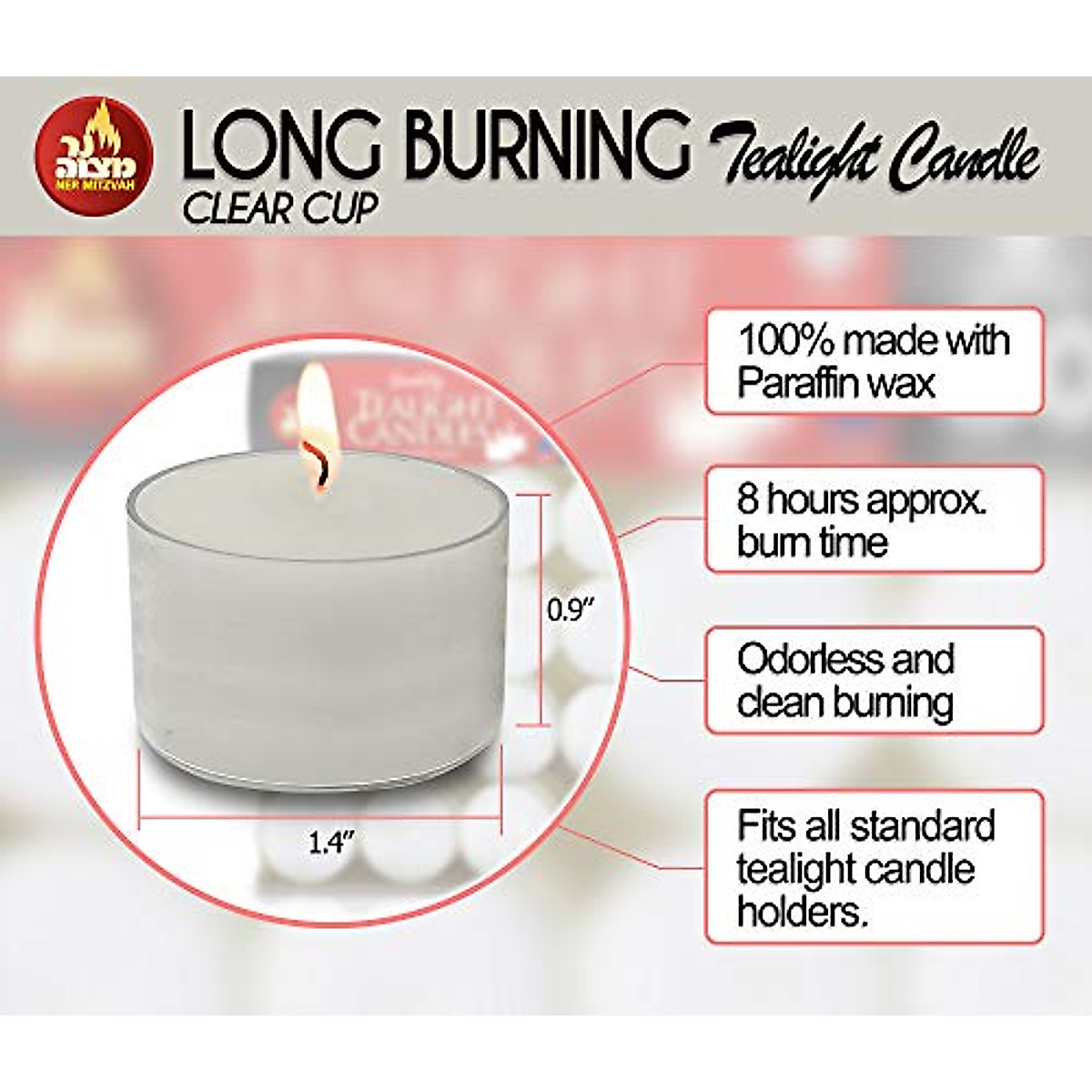 Ner Mitzvah Long Burning Tealight Candles - 8 Hours - White in Clear Cups - Unscented - 40 Pack - Made in EU