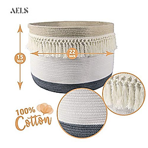 AELS XXXLarge 22"x22"x15" Rope Boho Basket Woven Baby Laundry Basket for Blankets Toys Storage Basket with Handle Comforter Cushions Storage Bins Thread Laundry Hamper-Brown White Gray 93 Liters