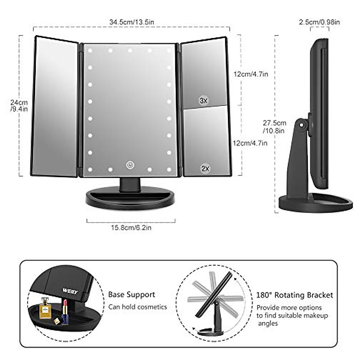 WEILY Makeup Mirror with 21 LED Lights,Two Power Supply, Touch Screen and 1x/2x/3x Magnification Tri-Fold Vanity Mirror, Gift for Women (Black)