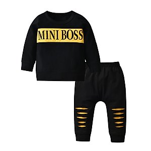 Limuvany Toddler Infant Baby Boy Clothes Long Sleeve Letter Print Sweatshirt Tops + Pants 2 PCS Sweatsuit Outfit (6-9 Months) Black