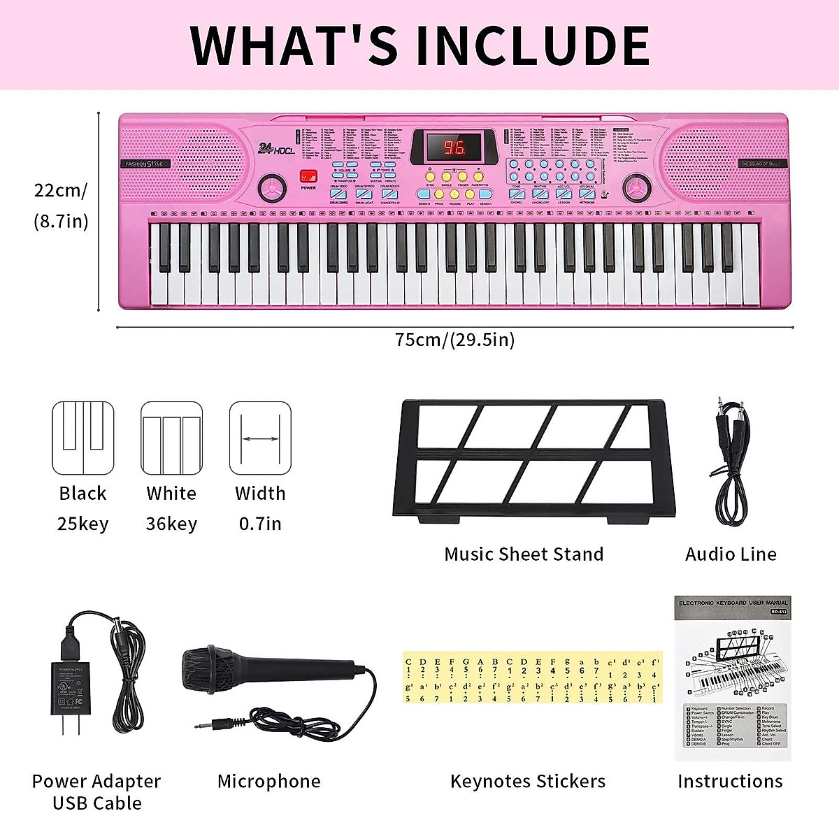 24HOCL 61 Keys Keyboard Piano, Kids Piano Keyboard with UL Adapter, Stand, Built-In Speaker, Mic, Portable Electronic Keyboard for Boys, Girls, Beginners Birthday Holidays Best Gifts