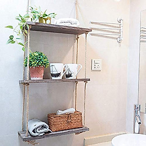 TIMEYARD Hanging Shelf Corner Wall Shelf, 3 Tier Distressed Wood Shelves with Jute Rope, Farmhouse Storage Organizer Rack Rustic Home Decor for Living Room Bedroom Bathroom Kitchen