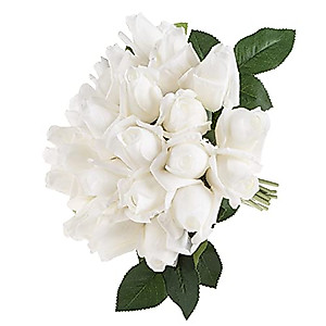Pure Garden Rose Artificial Flowers - 24Pc Real Touch 11.5-Inch Fake Flower Set with Stems for Home Decor, Wedding, or Bridal/Baby Showers (White)