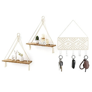 Mkono Macrame Hanging Shelves Key Holder Boho Wall Decor