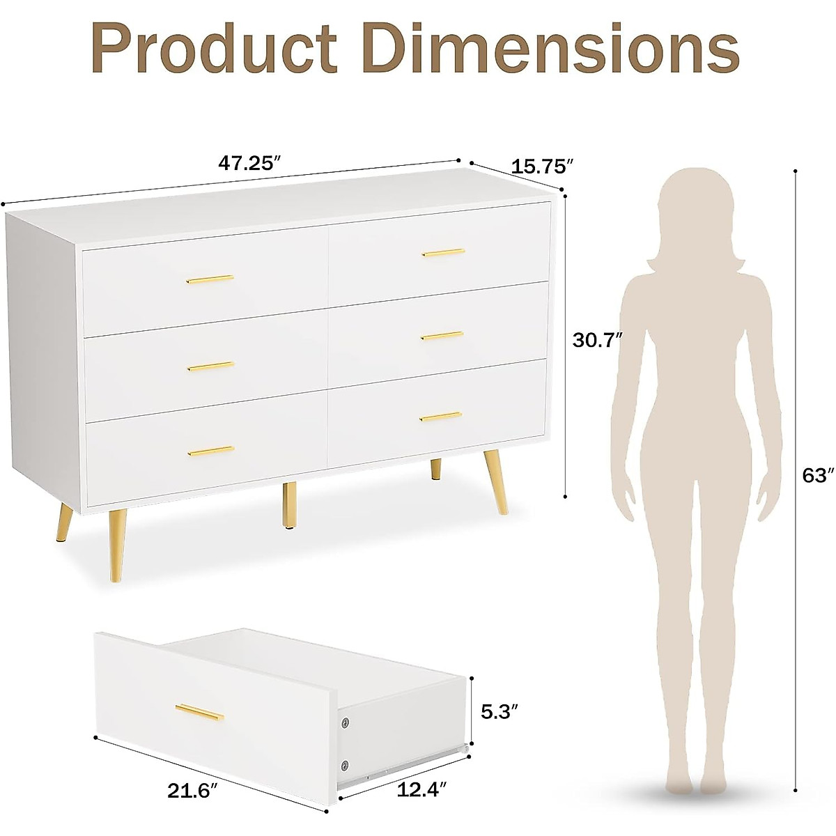 RESOM White Dresser for Bedroom, 6 Drawer Wooden Double Dresser with Gold Handles, Modern Chest of Storage Dresser with Deep Drawers for Living Room, Hallway